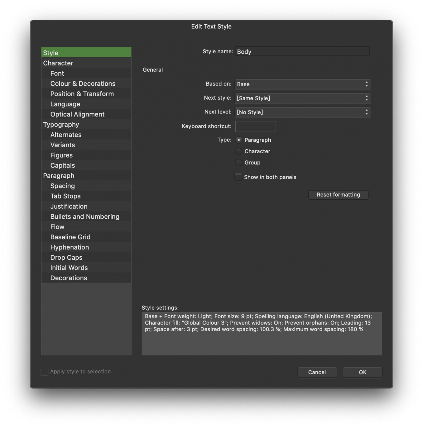Indicating overrides on Edit Text Style Menu - Feedback for Affinity ...