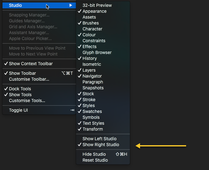brush, color, stroke and swatches studio missing from pixel persona, any suggestions on how to ...