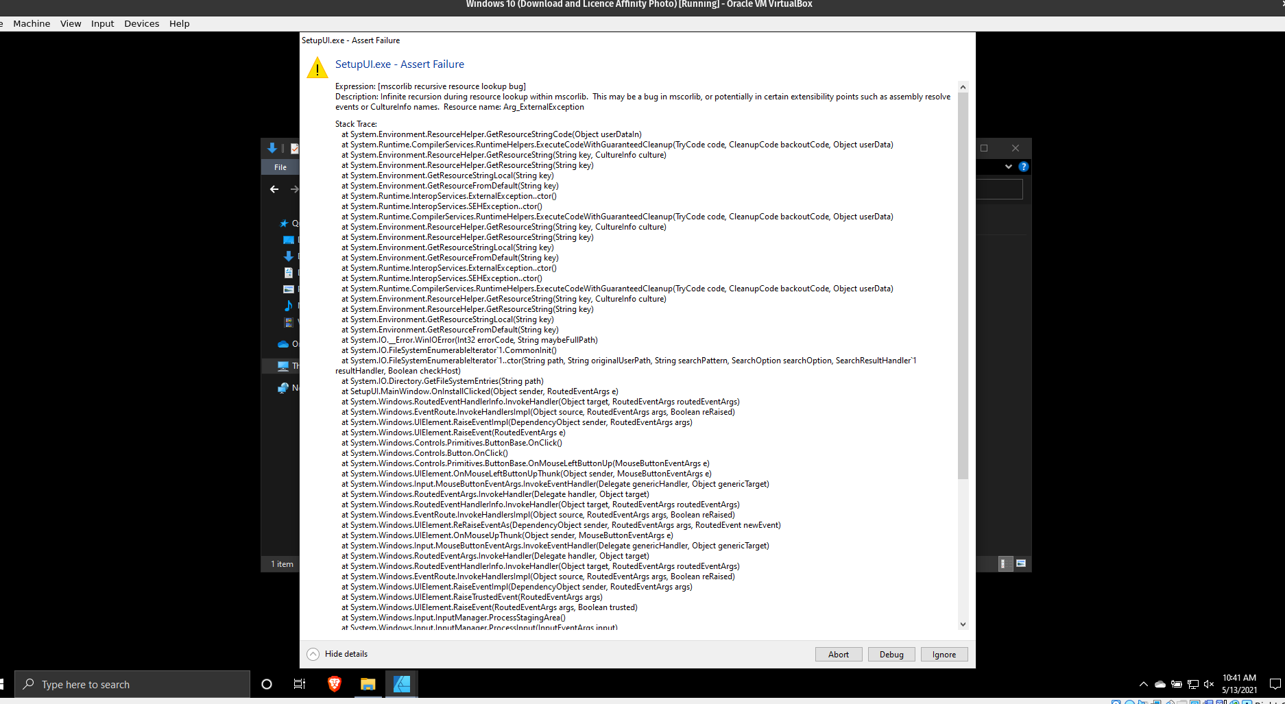 SetupUI.exe Assert Failure During Install on a Windows 10 VM - "mscorlib recursive resource ...