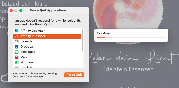 Data merge freezes with progression-message - V1 Bugs found on macOS - Affinity | Forum