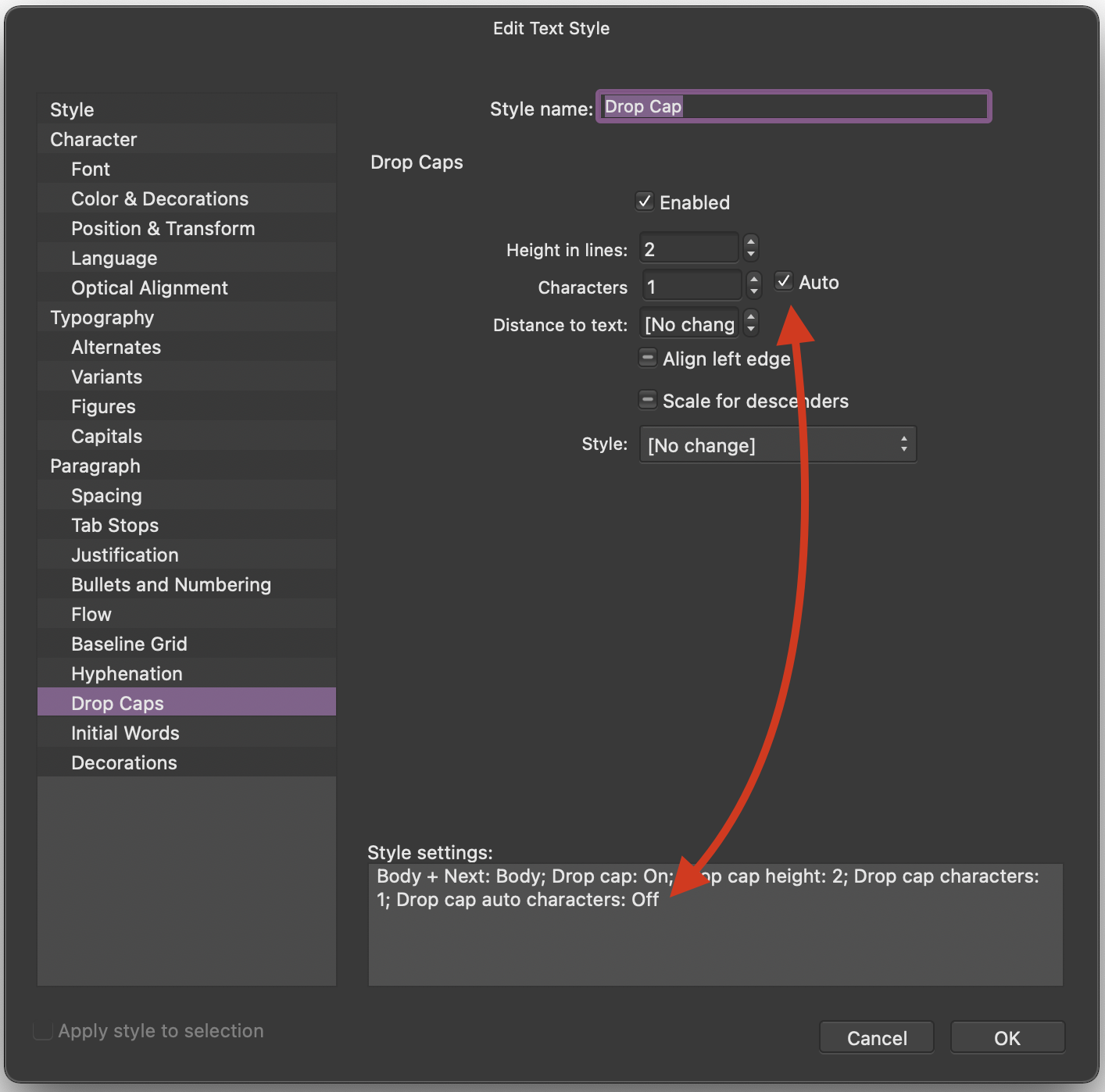 Drop caps auto characters gets stuck in the text style editor - V1 Bugs found on macOS ...