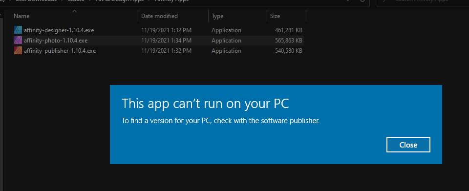 Cannot update software on Windows 10 - "This app can't run on your PC ...