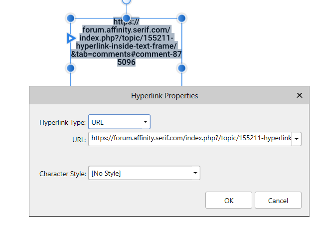 Hyperlink inside text frame - V1 Bugs found on Windows - Affinity | Forum