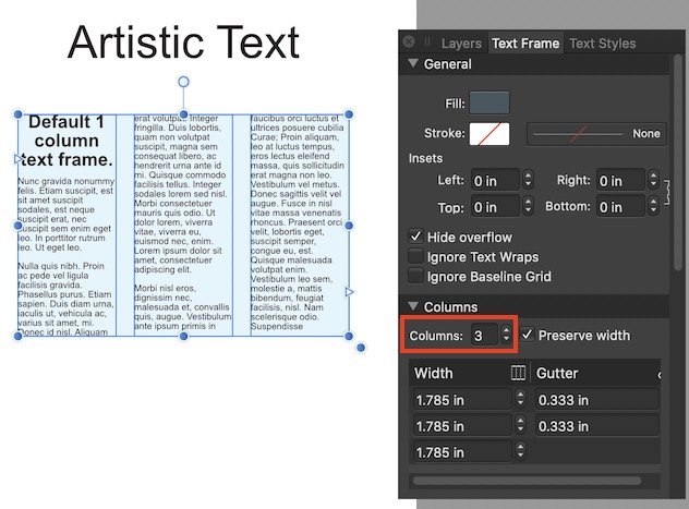I can't make modifications to a text box, like number of columns, inset ...