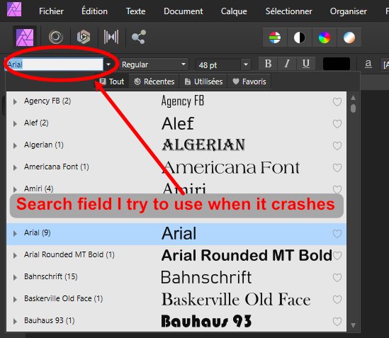 afphoto crash when trying to find font with the search field - V1 Bugs found on Windows ...