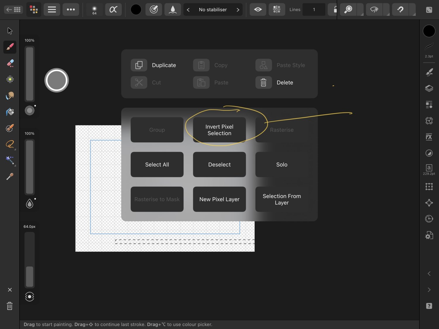 Affinity Designer V2 pixel persona - no invert selection option? - iPad ...