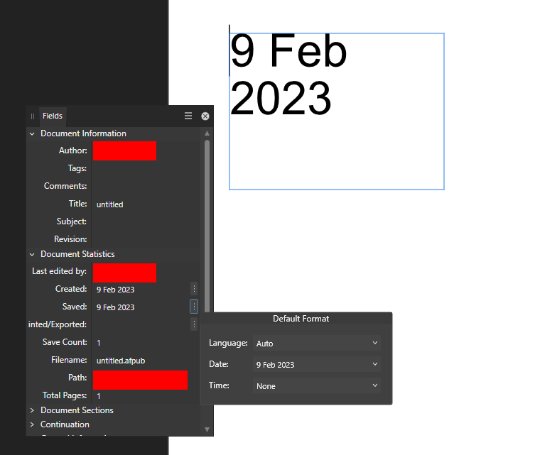 Publisher Text Insert Fields Saved Date Only Month And Year Affinity On Desktop 