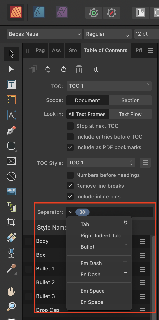 Crashes when selecting Separator on TOC menu. - V2 Bugs found on macOS - Affinity | Forum