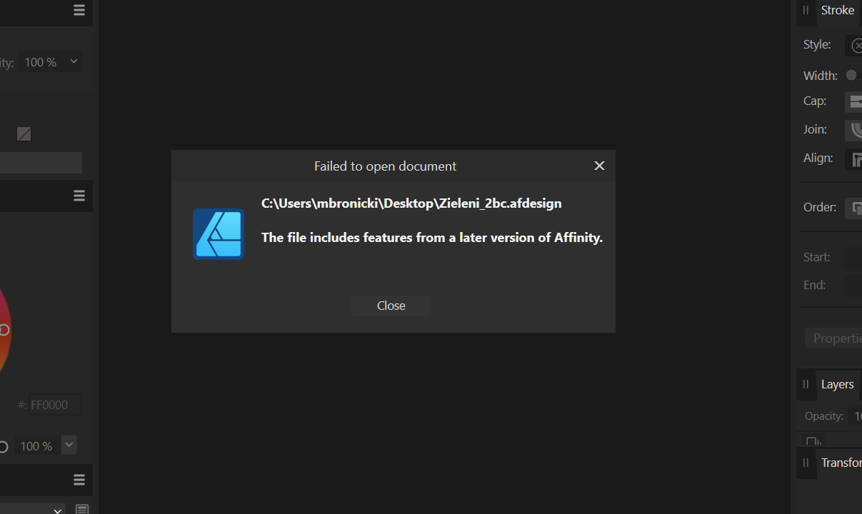 Affinity Designer: The file includes features from a later version of Affinity - V2 Bugs found ...