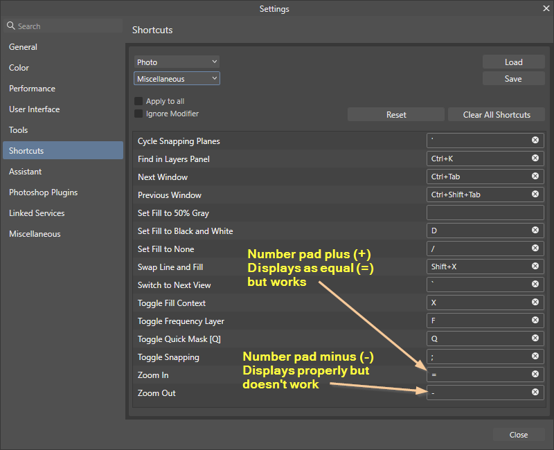 [ Photo 2 bug ] - Shortcut key issues in preferences - V2 Bugs found on Windows - Affinity | Forum