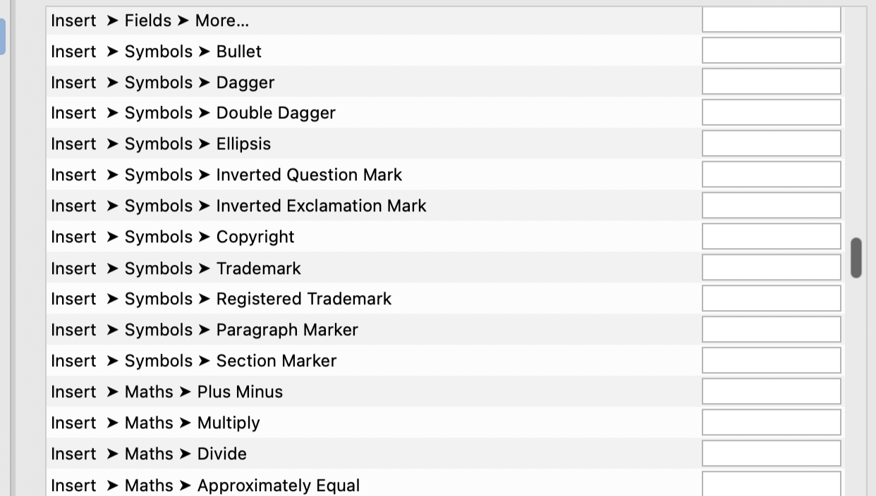 Insert>Symbols shortcuts are being assigned when not included in ...