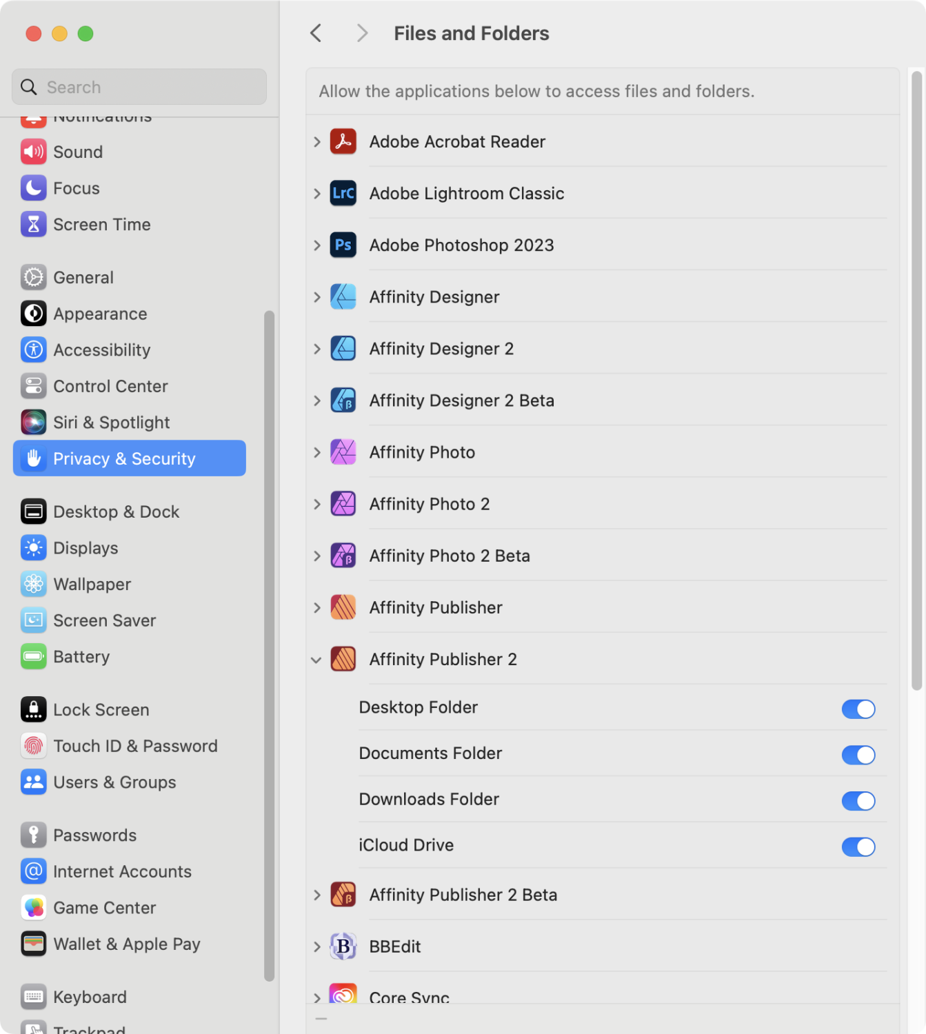 Sonoma 14.1 Privacy & Security limits Affinity to Desktop access ...