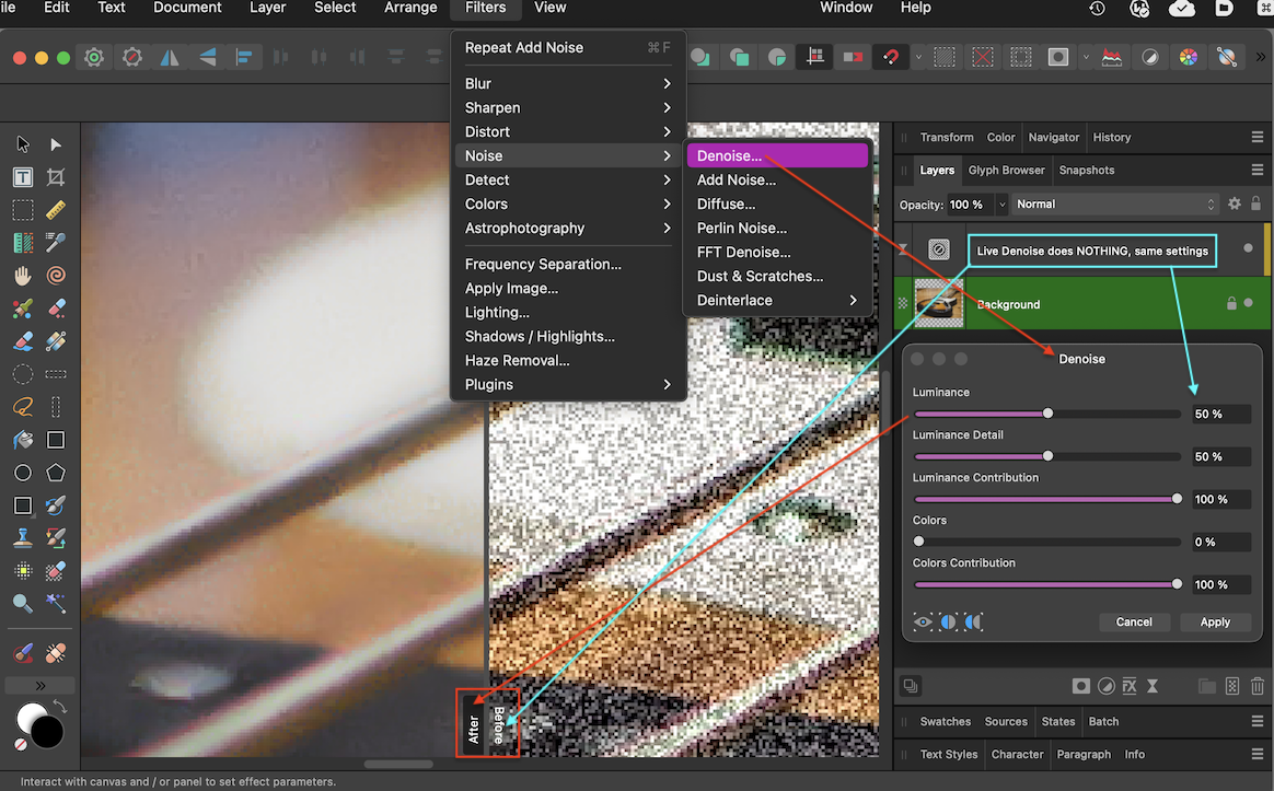 Bildrauschen entfernen extrem fehlt - V1 Bugs found on macOS - Affinity | Forum
