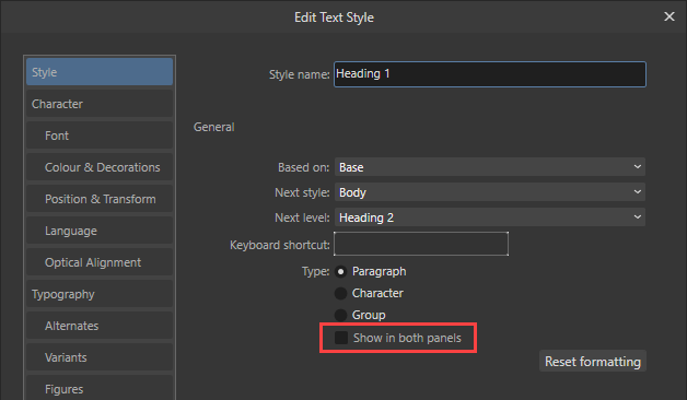 Publisher: What is the "Show in both panels" option in Edit text style panel for? - Desktop ...