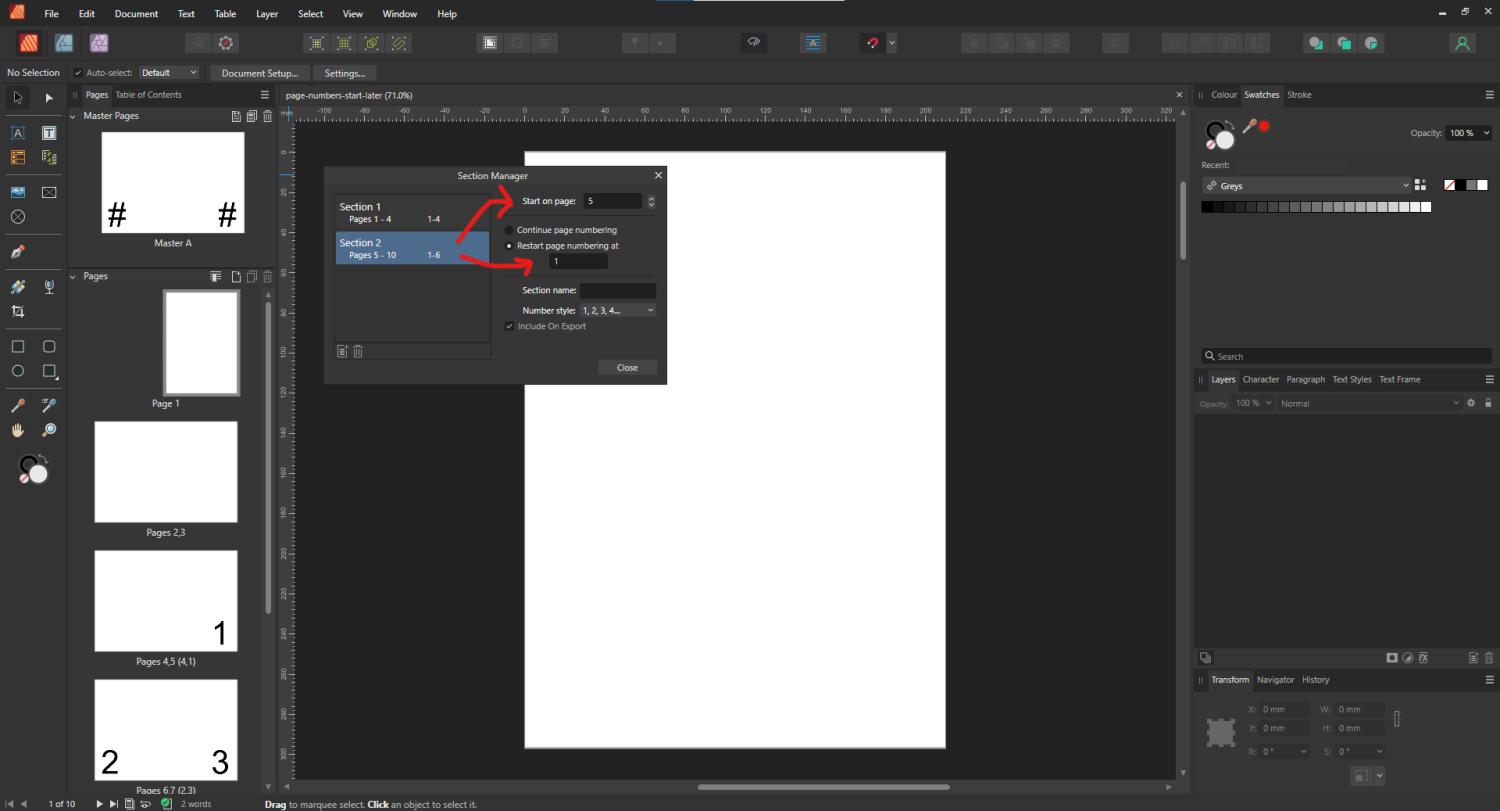 How do I suppress page numbers - Desktop Questions (macOS and Windows) - Affinity | Forum
