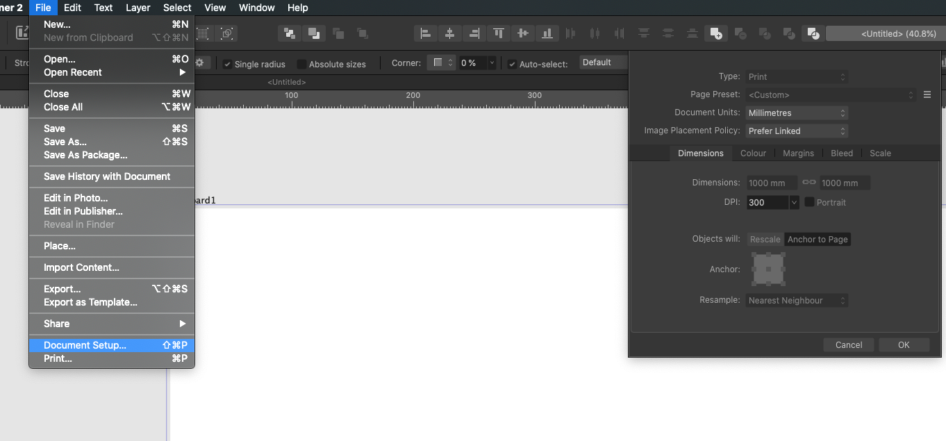 Can t Change Document Size In File Document Setup Affinity On