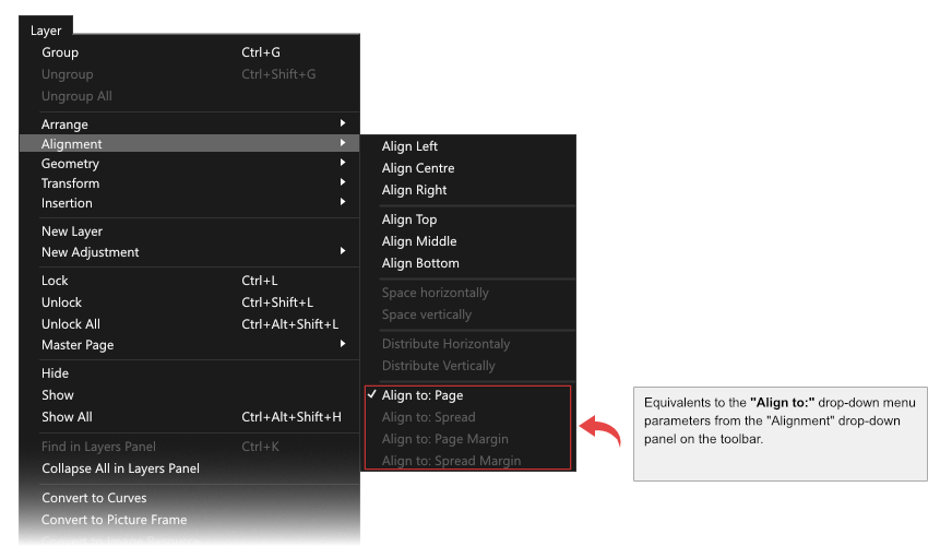 APub - additional alignment options in the Layer → Alignment menu ... APub - additional alignment options in the Layer → Alignment menu ...
