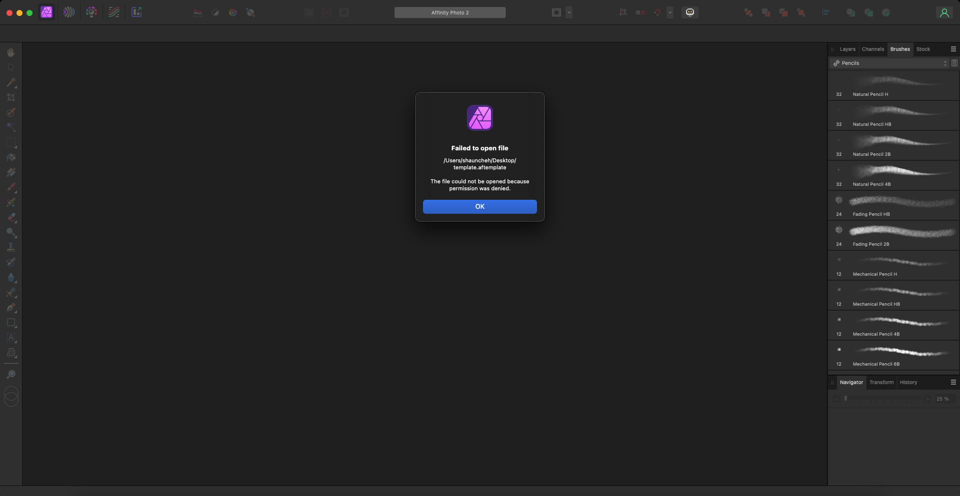 Affinity Photo 2 on macOS Sonoma 14.5 failed to open .aftemplate template file because ...