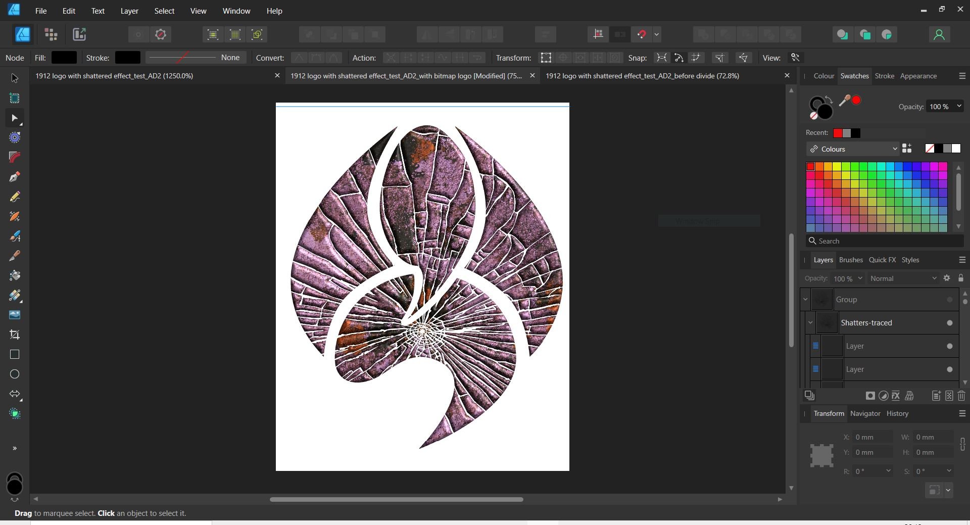 Creating a shattered glass effect in Affinity Designer - can't seem to get Divide tools to work ...