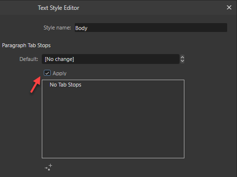 APub → Text Style Editor → Paragraph → Tab stops — cropped [Apply] checkbox and its label text ...