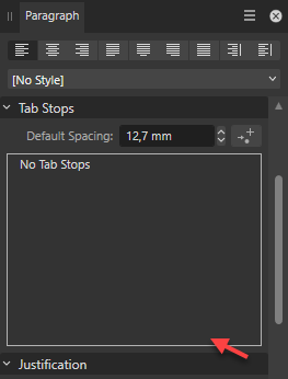 Paragraph panel — area in tab stops section is marked with borders in ...