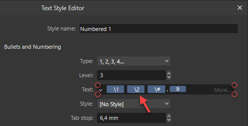 Text Style Editor → Bullets and Numbering → list levels tags/tokens too big - V2 Bugs found on ...