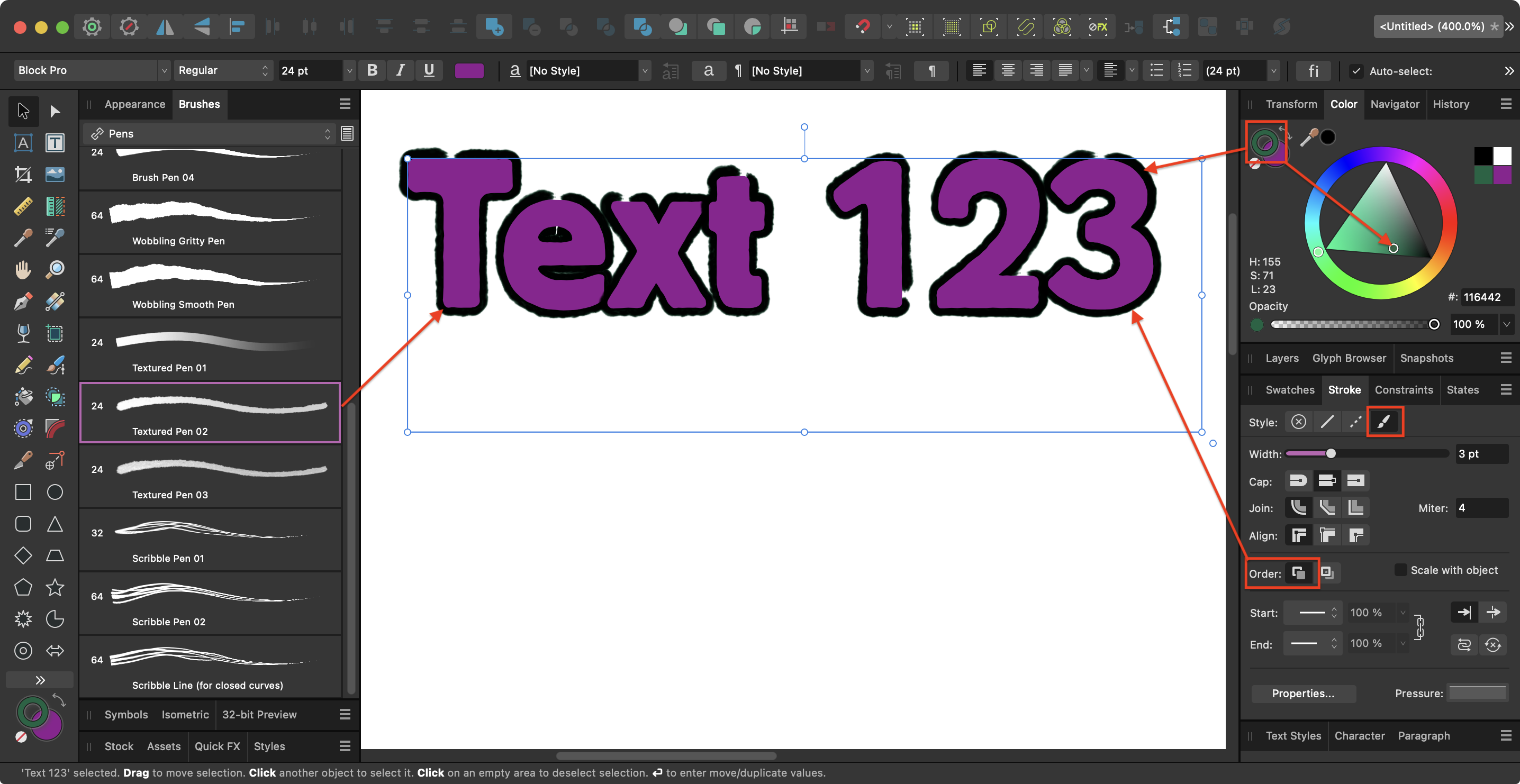 Designer: vector brush stroke on text + draw stroke behind = color bug - V2 Bugs found on macOS ...