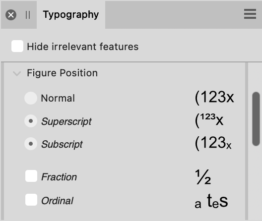 Typography panel Super/Subscript radio buttons - V2 Bugs found on macOS ...