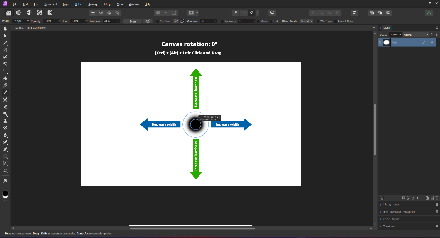Click and Drag direction to change the Brush parameters relative to the Canvas Rotation ...