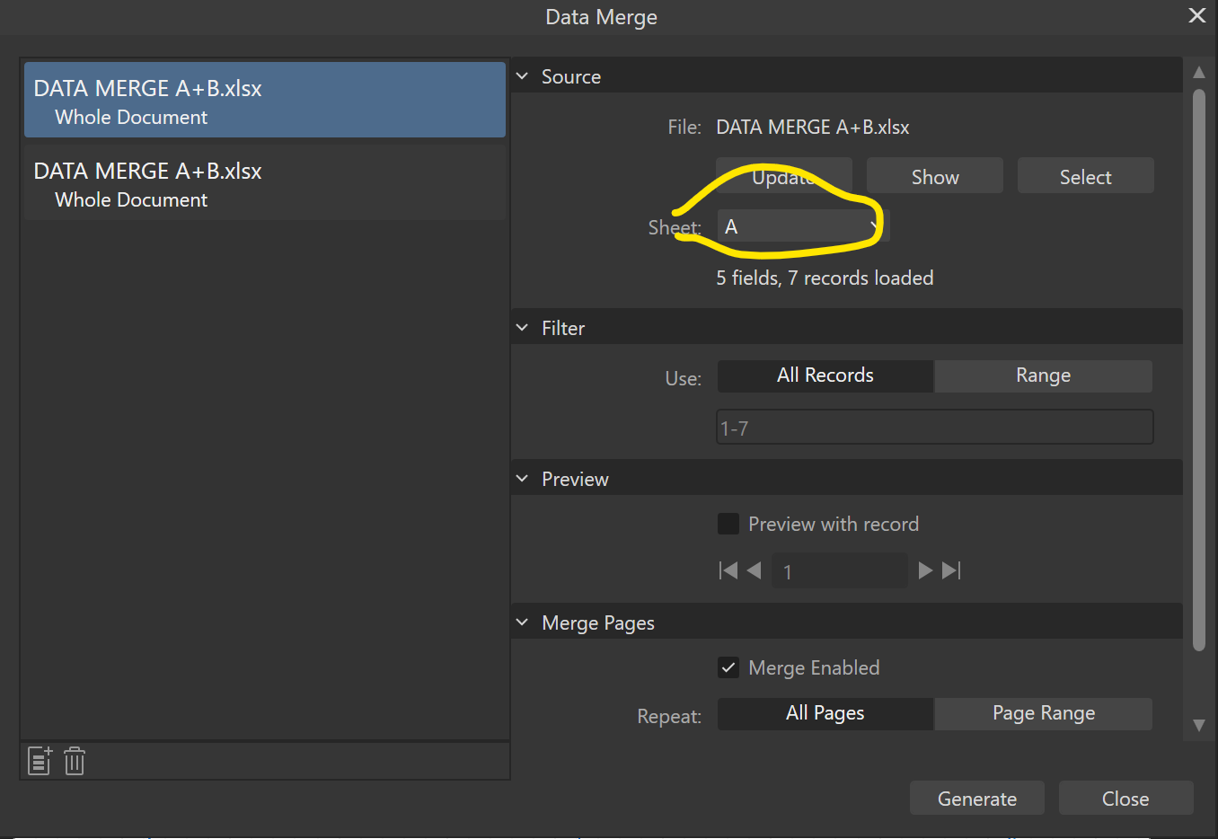 DATA MERGE with 2 excel-files or 2 excel-sheets does not work - V2 Bugs found on Windows ...